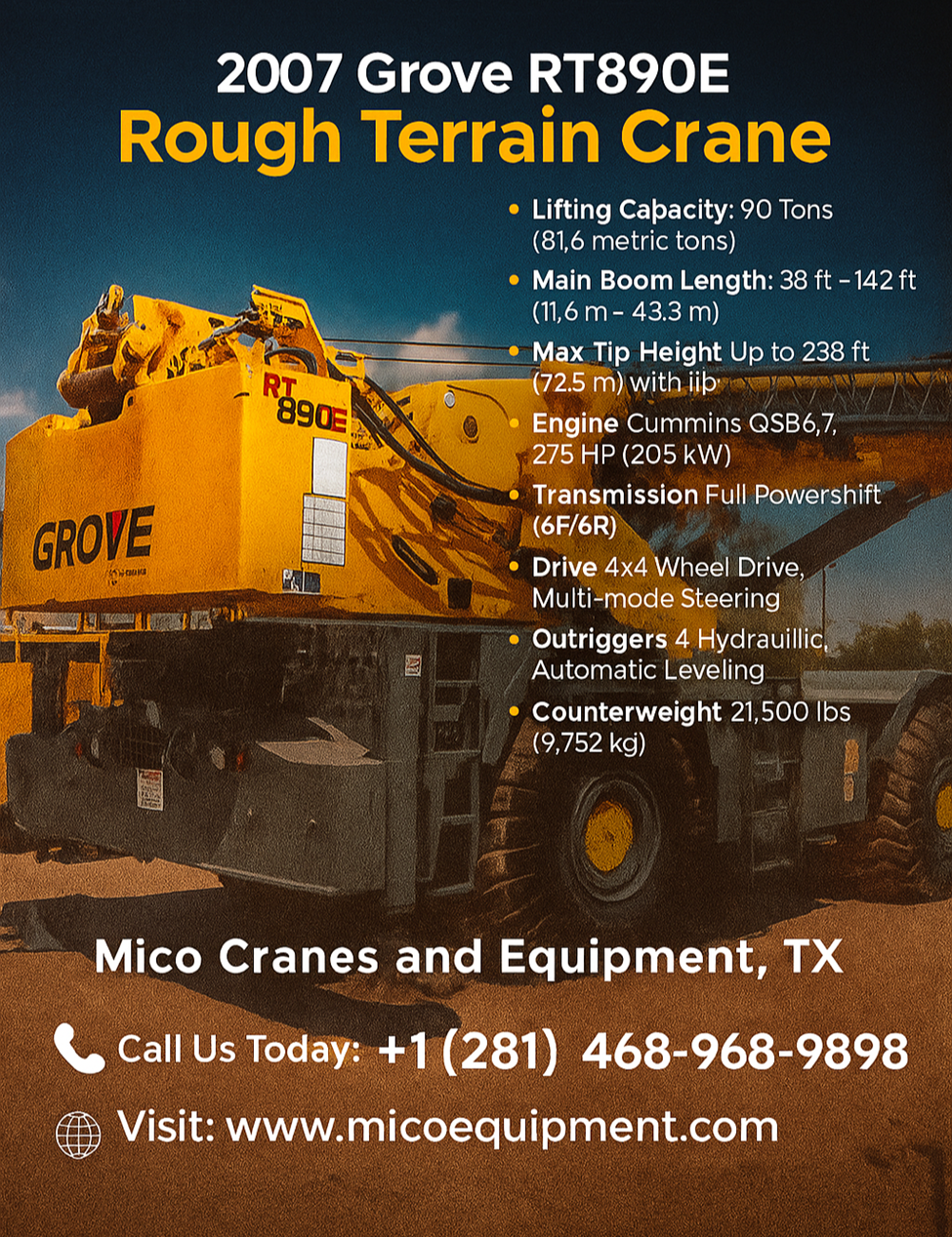 Used 2007 Grove RT890E Rough Terrain Crane for Sale in HOUSTON, TX